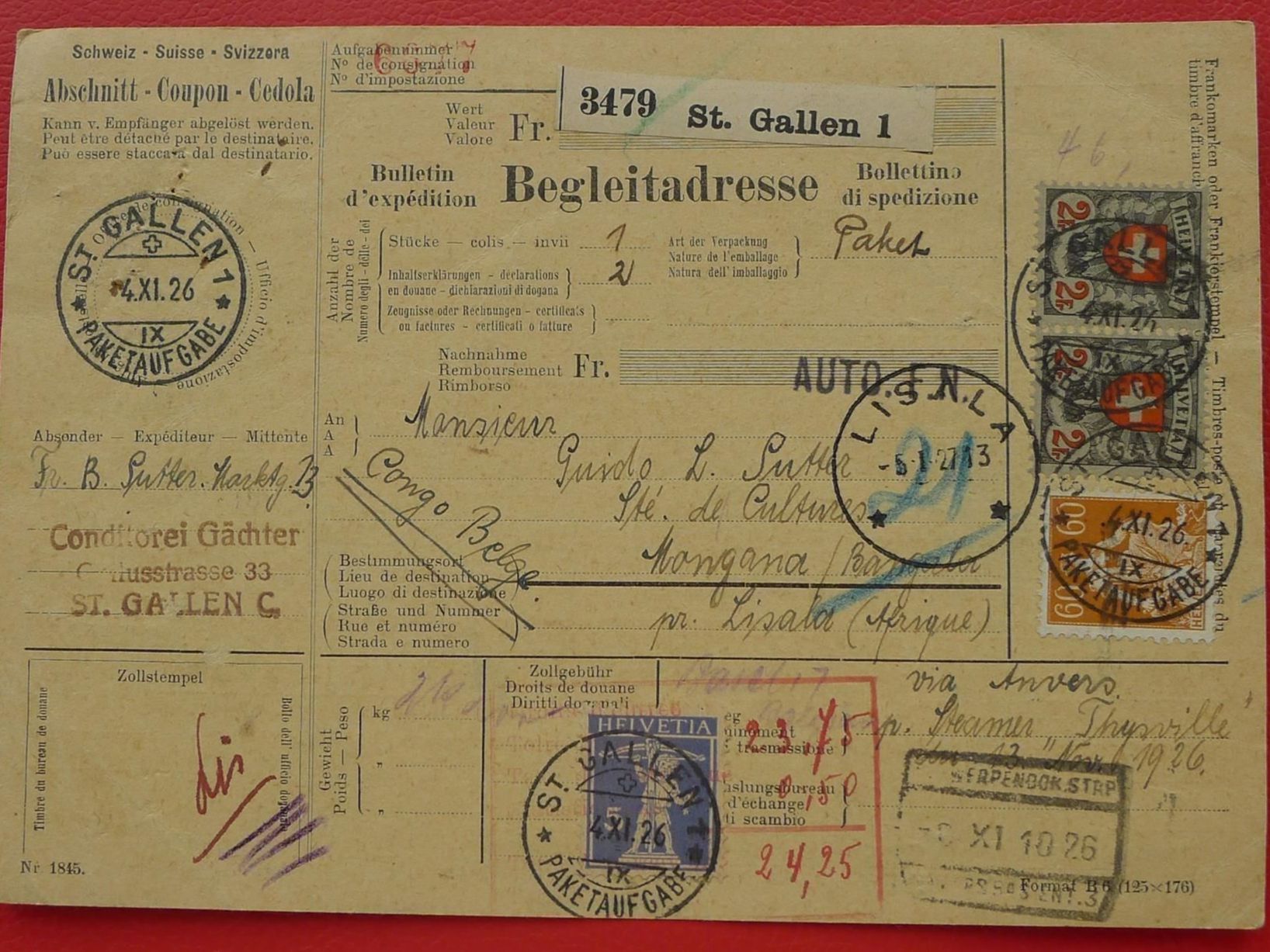 1926, Begleitadresse, 4.65Fr. von St.GALLEN in den KONGO AFR (Gebraucht ...