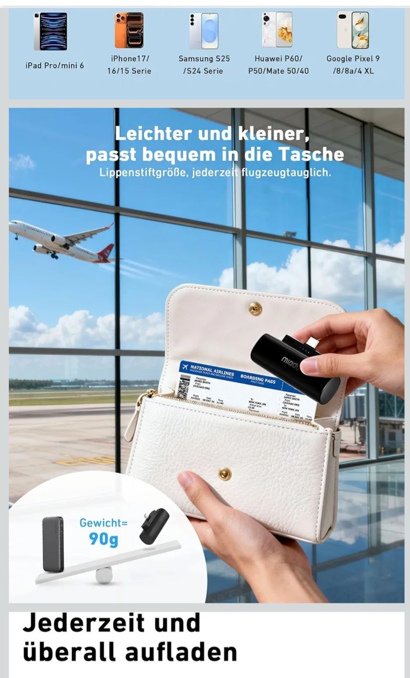 2 Stück Miady Mini Powerbank 5000 mAh – USB-C-Anschluss, (Neu und ...