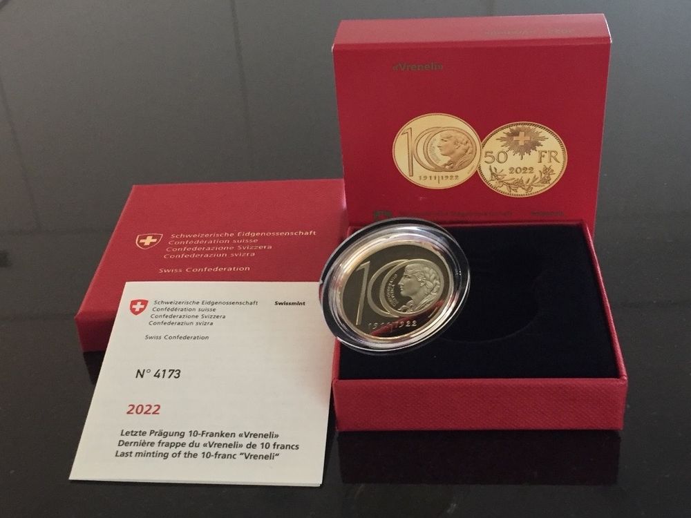 50 Franken 2022 Gold Letzte Prägung 10-Franken „Vreneli“ PP (Neu und originalverpackt) in ...