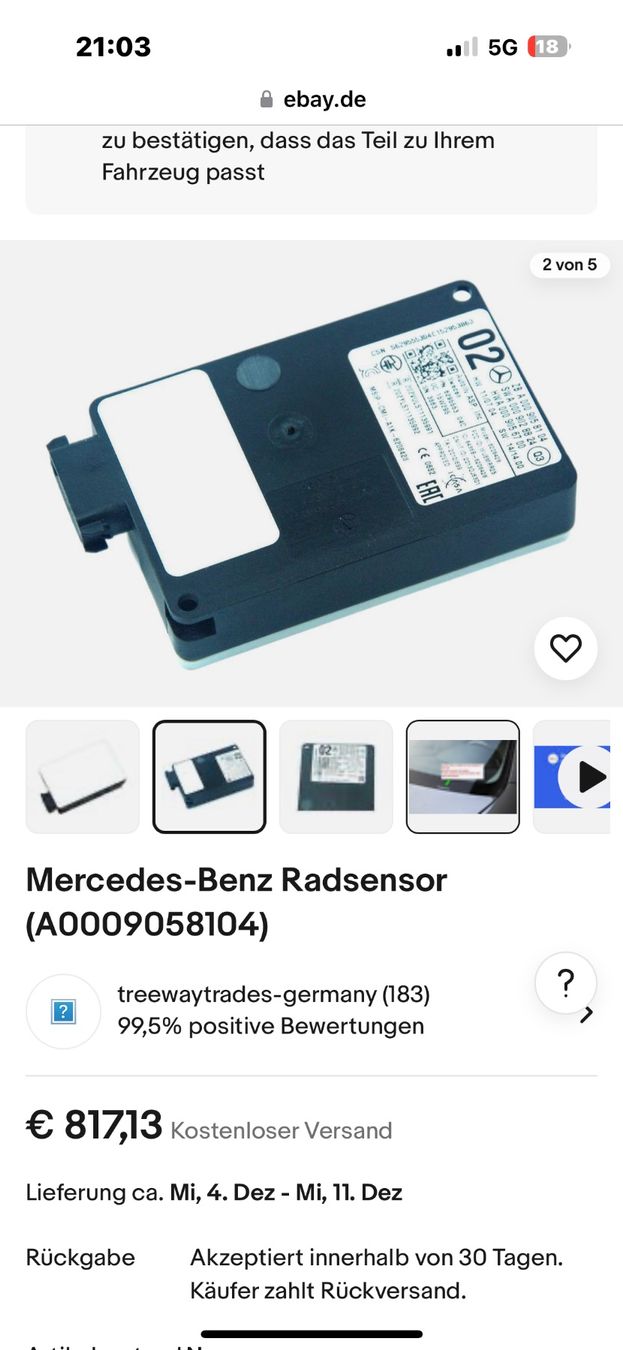 Mercedes Radarsensor Nr 02 O4 O5 10 (Gebraucht) in uster für CHF 490 ...