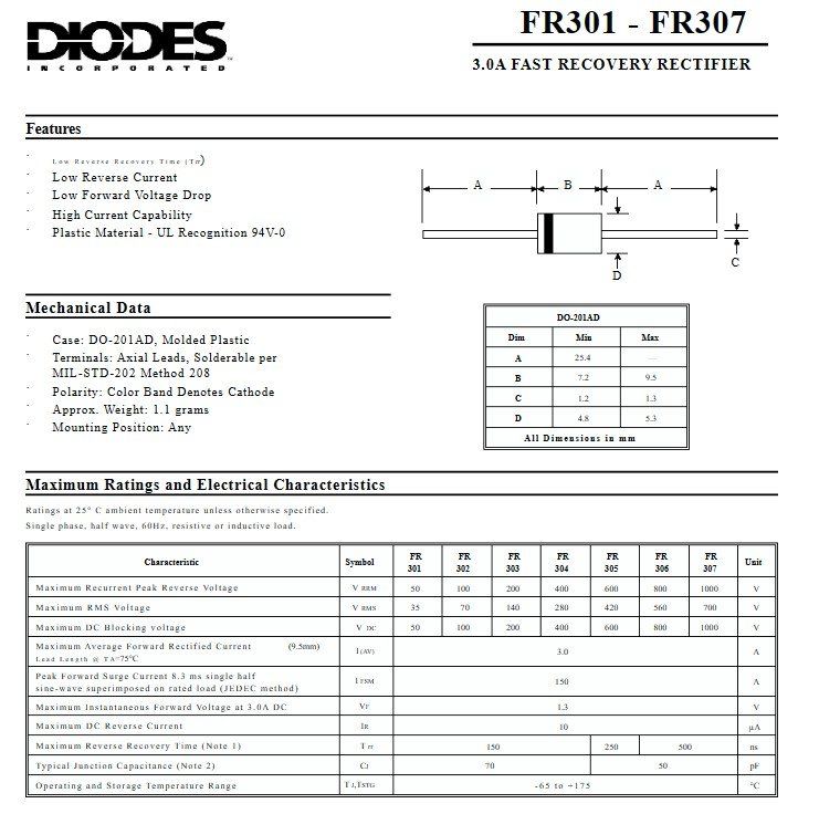 FR 307 Rectifier Diode Vrrm=1000V, If=3A, trr=500nS | Kaufen auf Ricardo