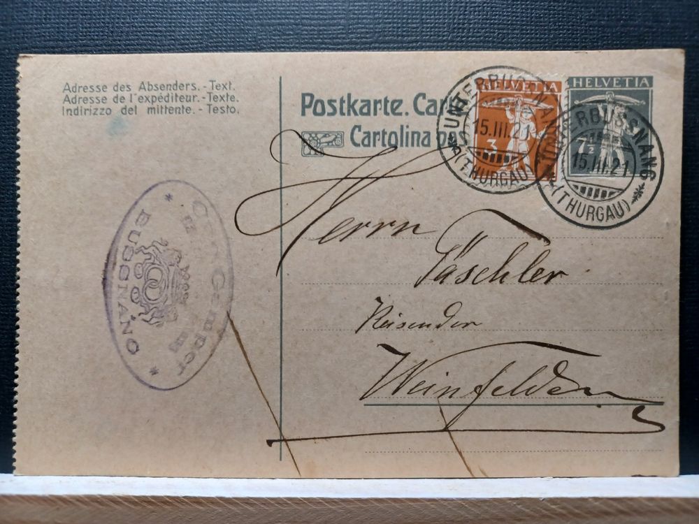 Zusatzfrankatur 3 Rp. Stempel Unterbussnang- selten-1921 (Gebraucht) in Aarau Rohr für CHF 35 ...