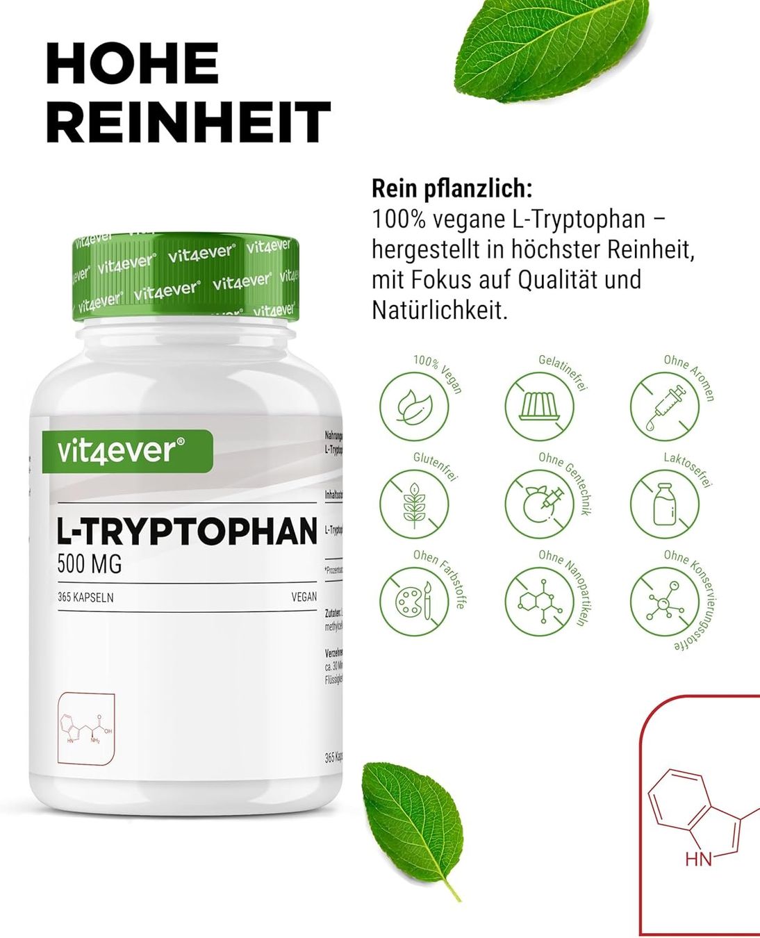 L-Tryptophan 500 mg – 365 vegane Kapseln hochdosiert (Neu und ...