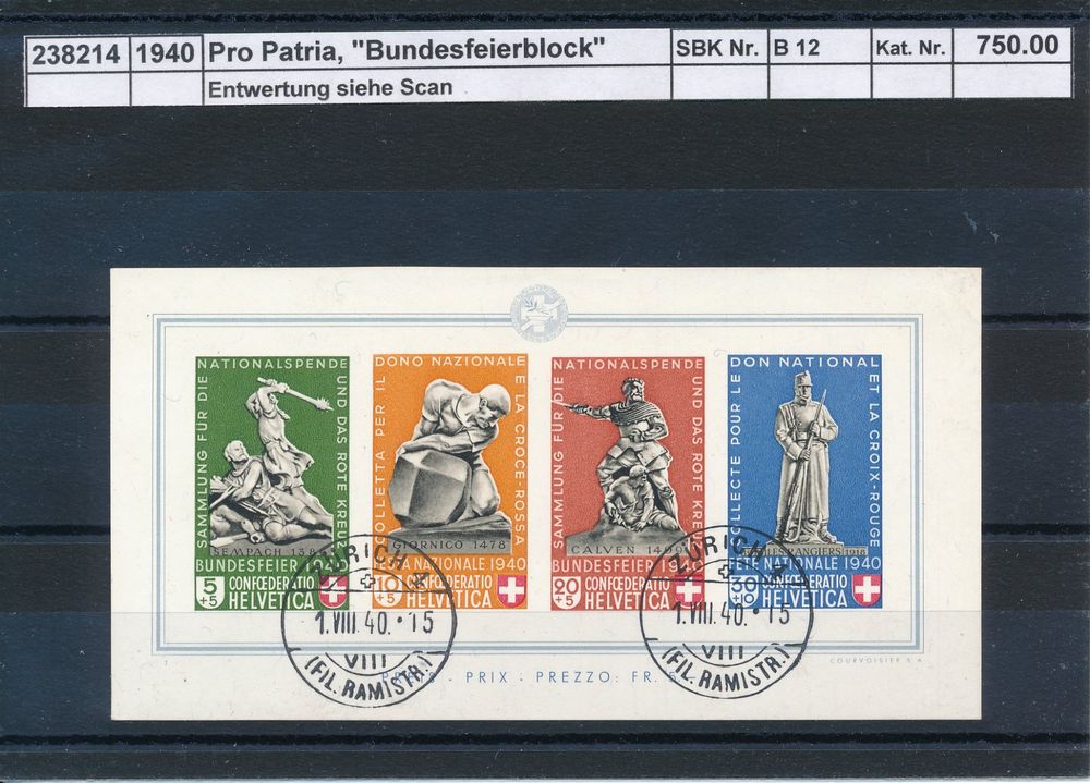 1940 Pro Patria, "Bundesfeierblock", gestempelt | Kaufen auf Ricardo