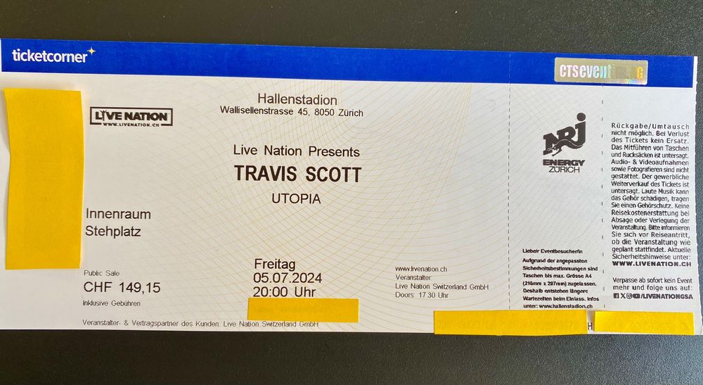 1x Travis Scott Stehplatz Ticket (Hallenstadion, 5.7.2024) (Neu und ...