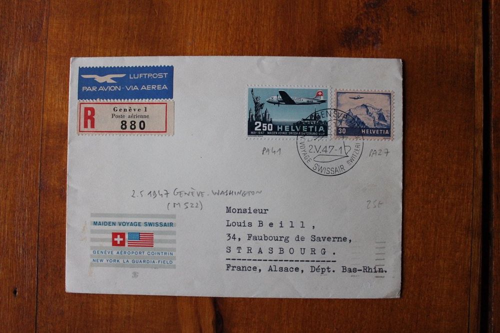1947 LuPo Erstflug Genève - Washington, Adr. Strassbourg F (Gebraucht ...