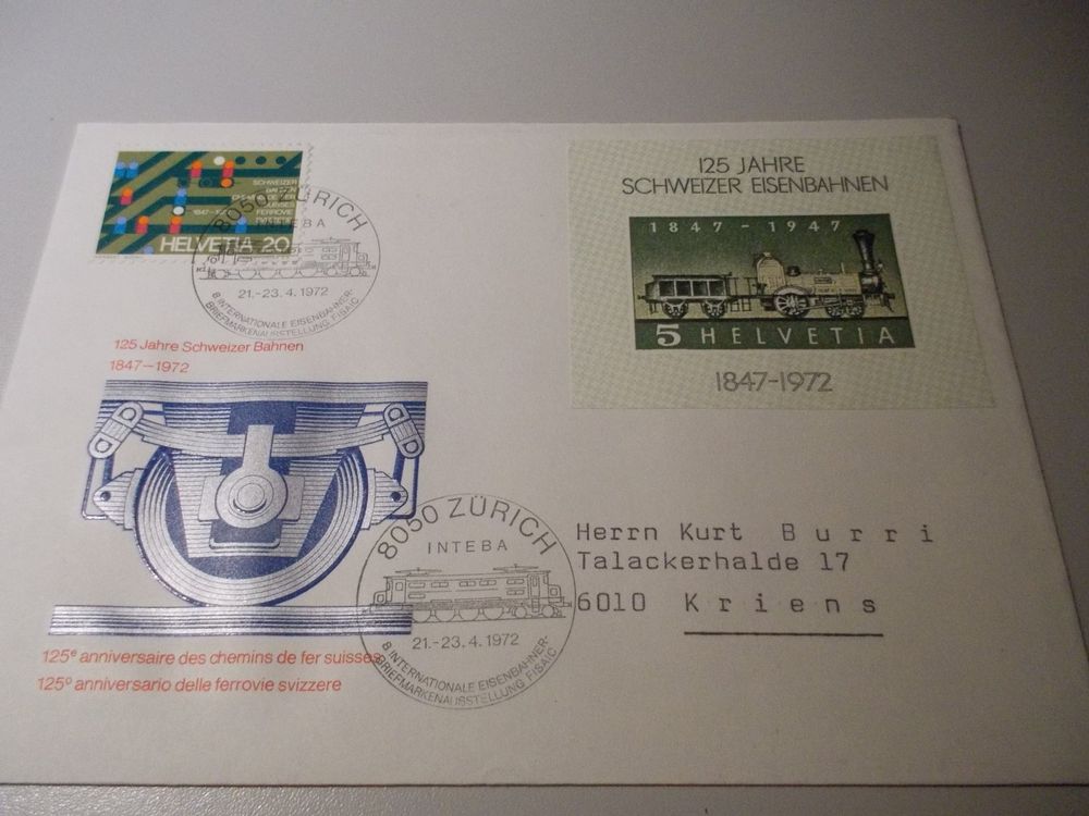 Sonderbrief 1972, 125 Jahre Eisenbahn, mit Vignettenblock (Gebraucht) in Niederwil AG für CHF 1. ...