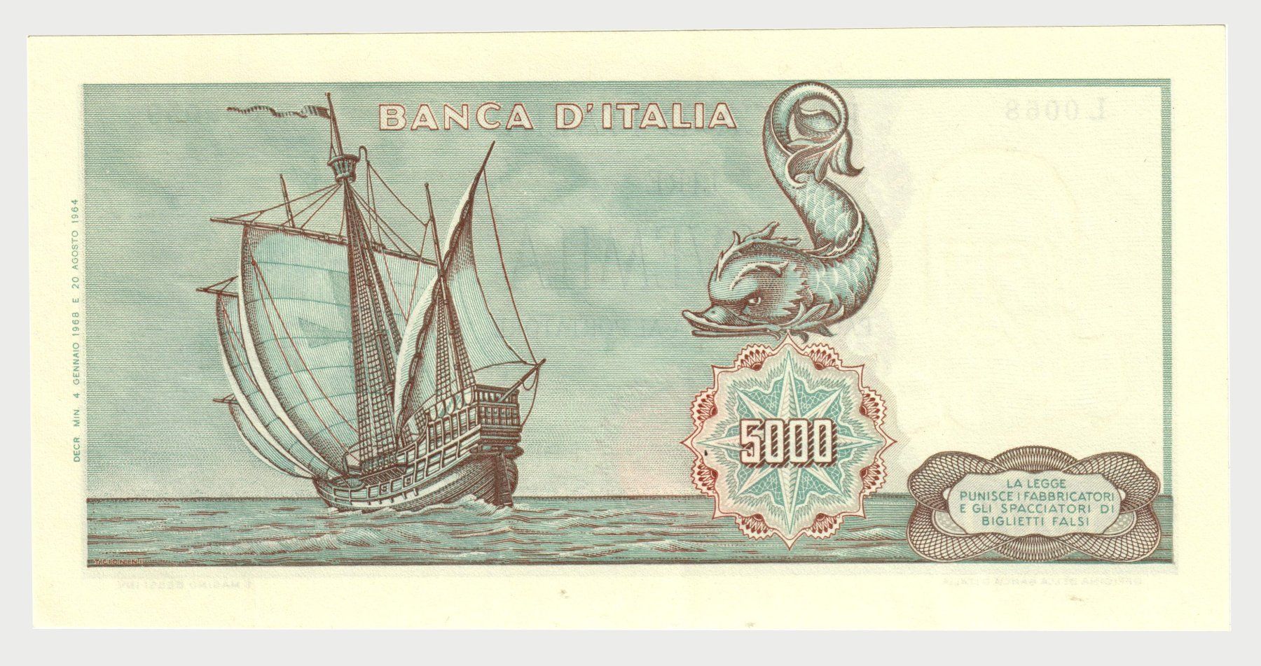 a- Italien, 5000 Lire Colombo 04.01. 1968 L (Usato) a Chiasso per CHF ...