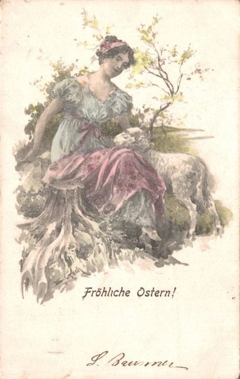 Osterkarte, Frau mit Lamm, | Kaufen auf Ricardo