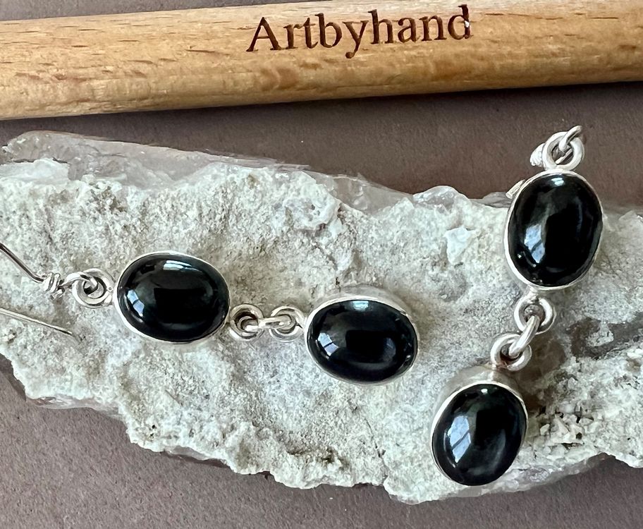 Massive Vintage Silberohrringe 925 mit Falkenaugen Cabochons (Gebraucht ...