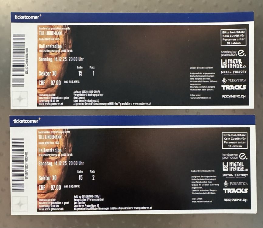 Till Lindemann am 14.12.2025 in Zürich (2 Sitzplatz-Ticket) | Kaufen ...