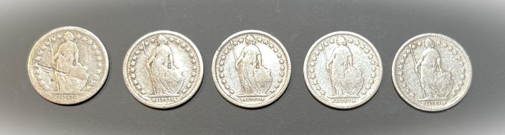 Fünf schöne 50 Rappen-Stücke aus den Jahren 1875 bis 1901 (Gebraucht ...