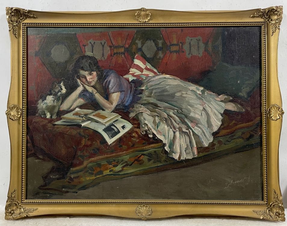 Buch lesende Dame mit Katze Gemälde unleserlich Signiert | Kaufen auf ...