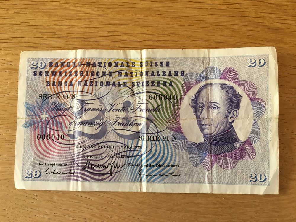 Alte 20.- Note Schweiz 7. März 1973 (Gebraucht) in Heimenhausen für CHF ...