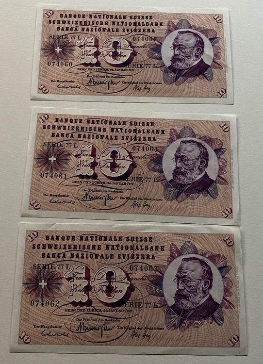 Schweiz 3x10 Franken 1972 Serie 77L Nummer folgend 60/61/62 (Neu ...