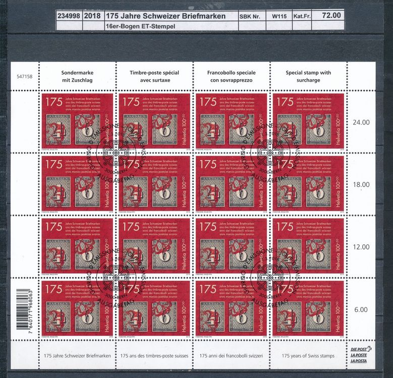 2018 "175 Jahre Schweizer Briefmarken", 16er Bogen | Kaufen auf Ricardo