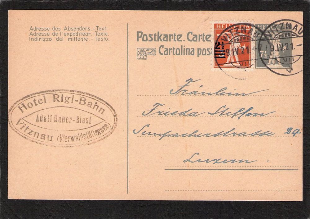 GS 71/2 Rp plus Zusatzfr.Aufbrauch , Vitznau , 9.IV.1921 (Gebraucht) in ...