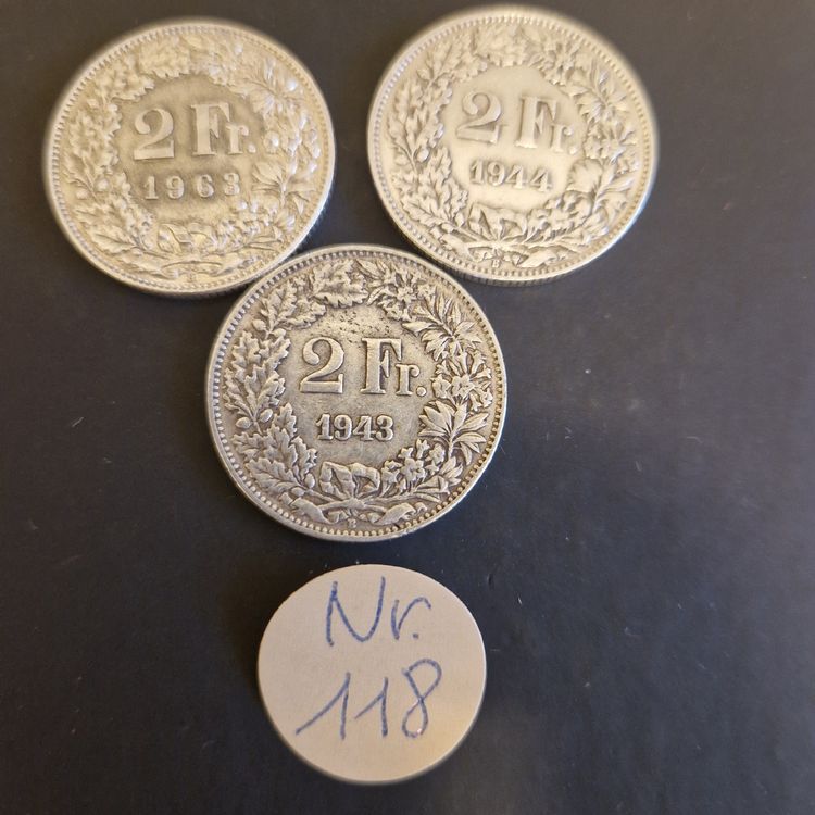 3 Silbermünzen 2 Franken Helvetia 1943/44/63 Jahrgang B (Gebraucht) in Stans für CHF 21 – mit ...
