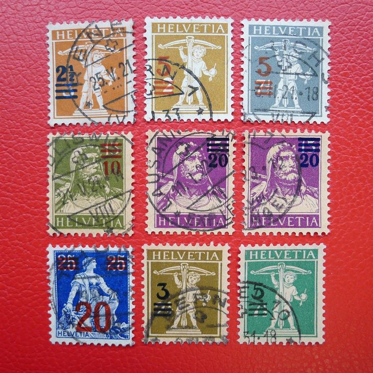 1921-1930, Lot Aufbrauchsausgaben TELL, sauber gestempelt (Gebraucht) in Sursee für CHF 10 – mit ...