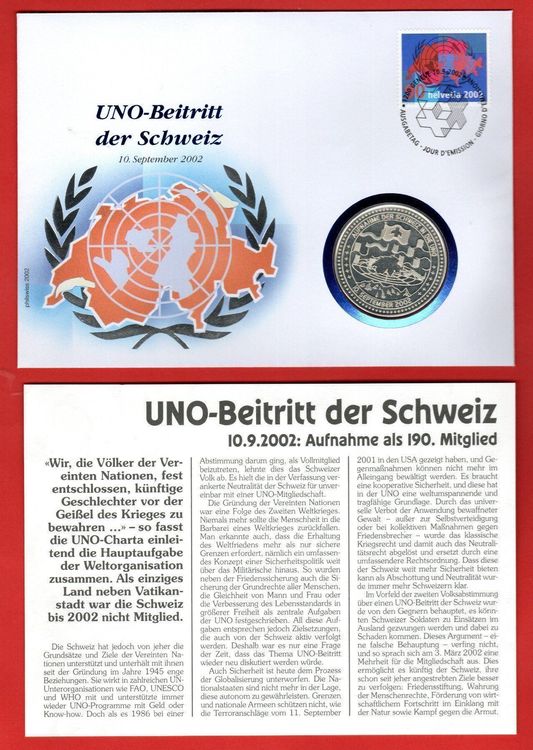 2002 UNO-Beitritt der Schweiz Medaille (Neu (gemäss Beschreibung)) in Stein am Rhein für CHF 2 ...
