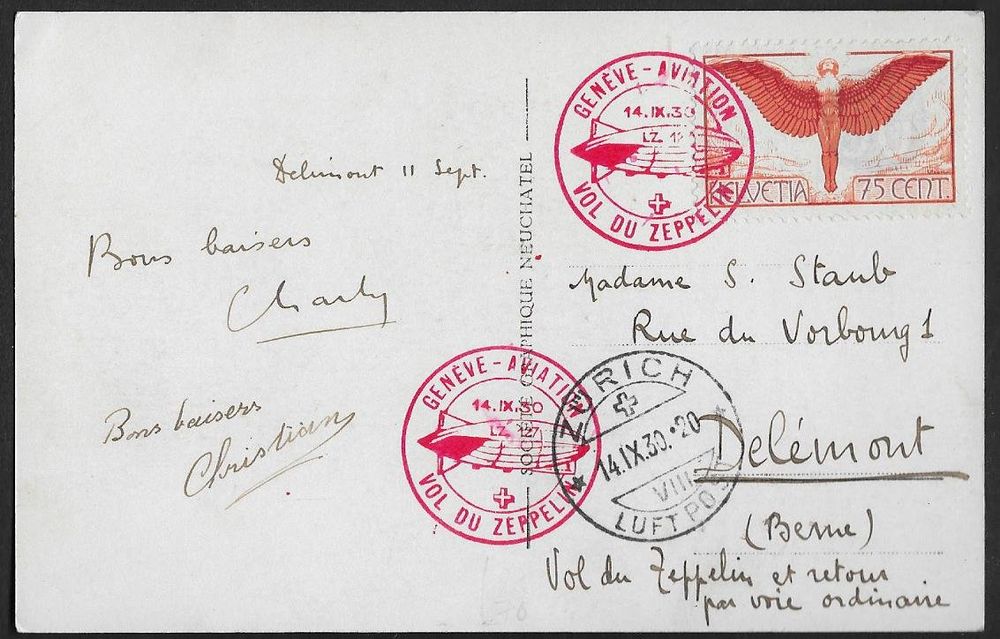 1930 AK Delémont Zeppelin CH-Flug GENÈVE mit F11 top ab 1.- (Gebraucht ...