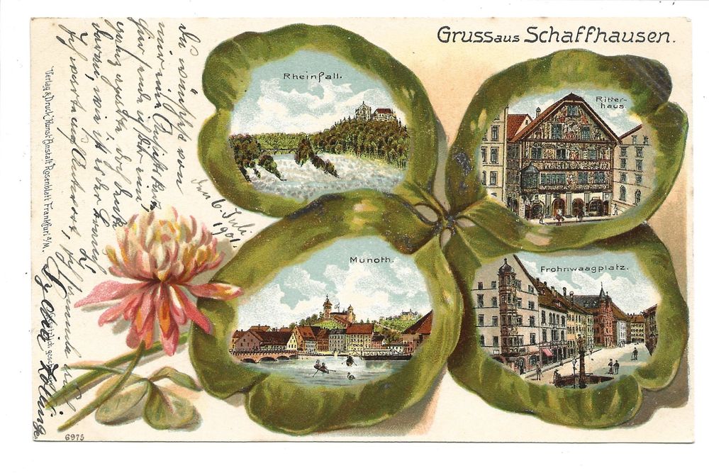 Gruss aus Schaffhausen - tolle Kleeblatt-Präge-Litho - 1901 (Gebraucht) in Engelburg für CHF 18. ...