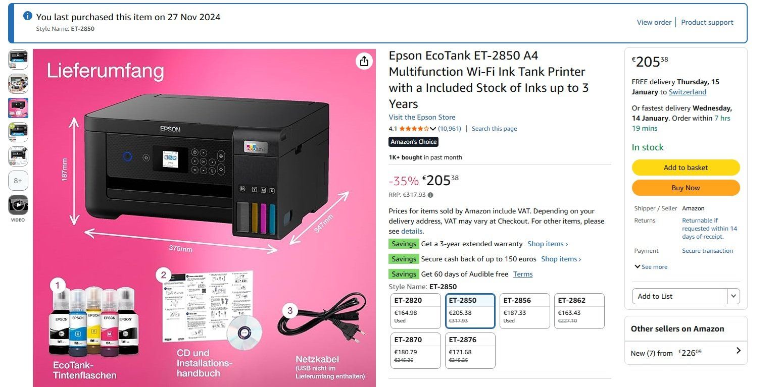 Epson EcoTank ET-2850 Wireless Color All-in-One Printer (Neu (gemäss ...