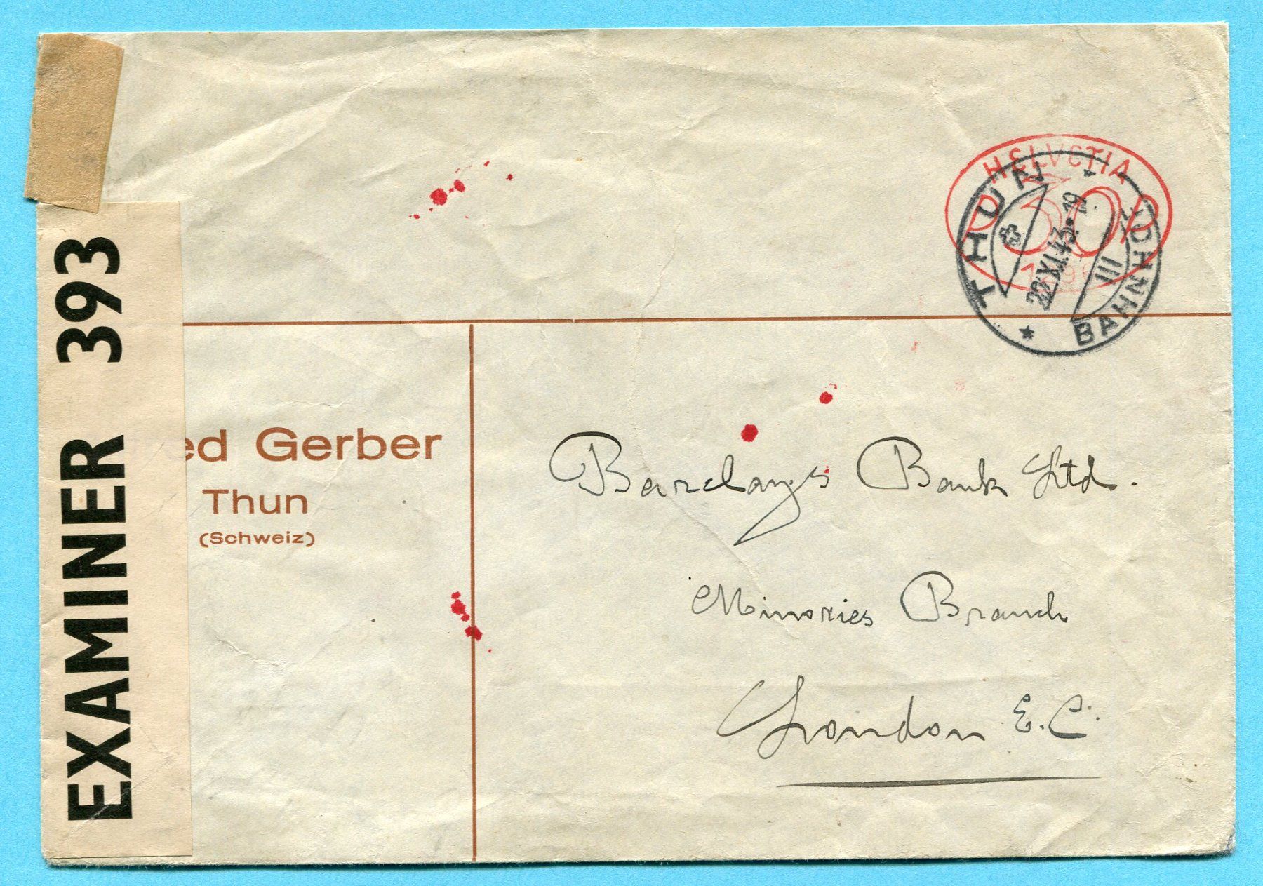 Zensurbrief von Thun nach London 1943 - Abs: A. Gerber (Gebraucht) in ...