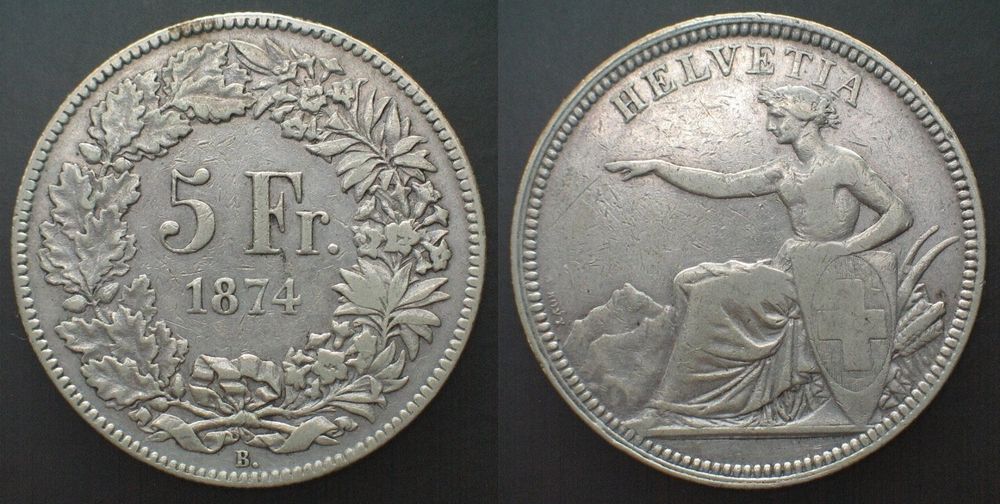 EIDGENOSSENSCHAFT 5 Franken 1874 B. SITZENDE HELVETIA Silber (Gebraucht) in Riehen für CHF 200 ...