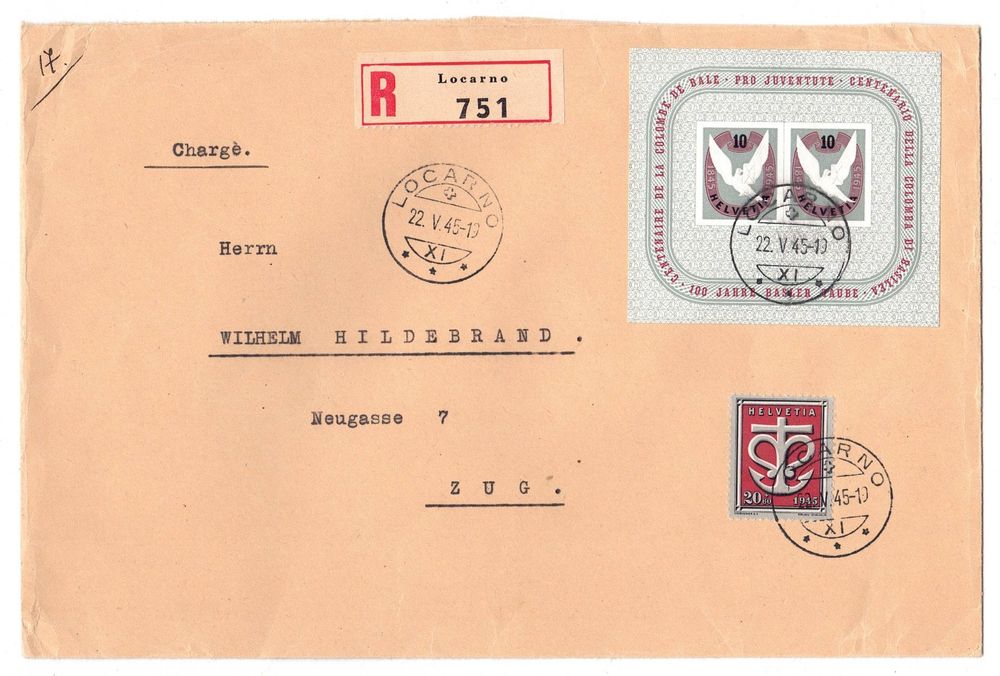 Brief mit Basler Taube Block, von Locarno nach Zug 1945 | Kaufen auf ...