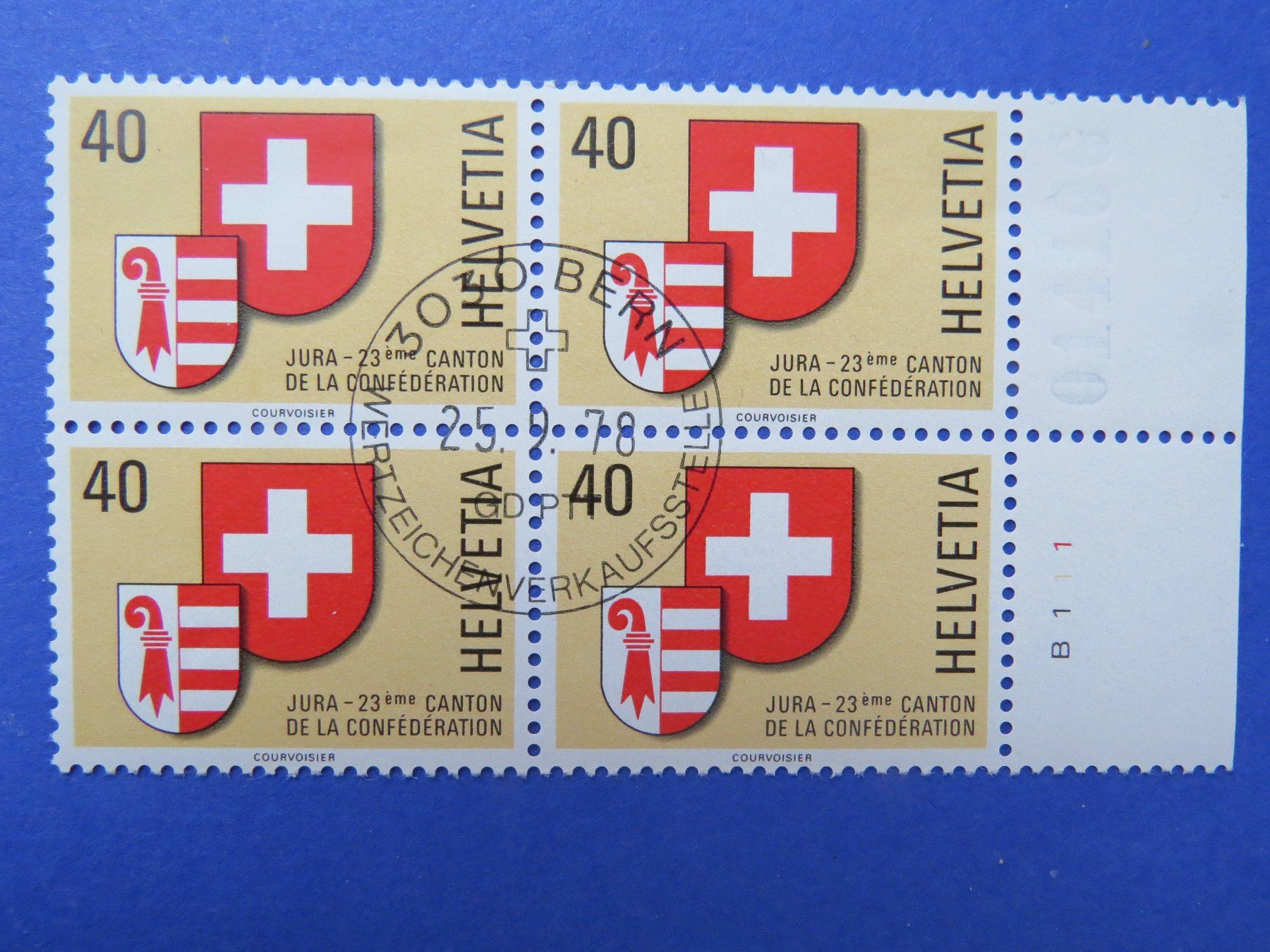 Eckrand-Viererblock "Kanton Jura" 1978 - Ersttag BERN (Gebraucht) in Brunnen für CHF 0.5 – mit ...