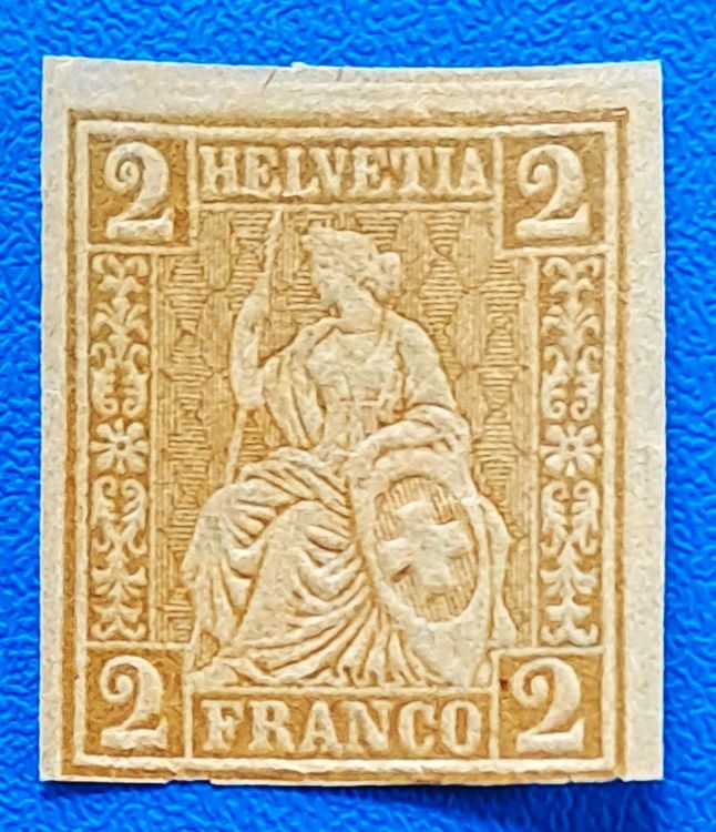 Sitz. Helvetia:Papierprobe 2Rp olivbraun a Goldschläger-Haut (Gebraucht ...