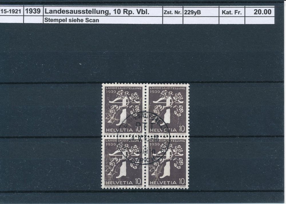 1939 "Landi - Zürich, 10 Rp.", deutsch, Viererblock (Gebraucht) in Winterthur für CHF 3 – mit ...