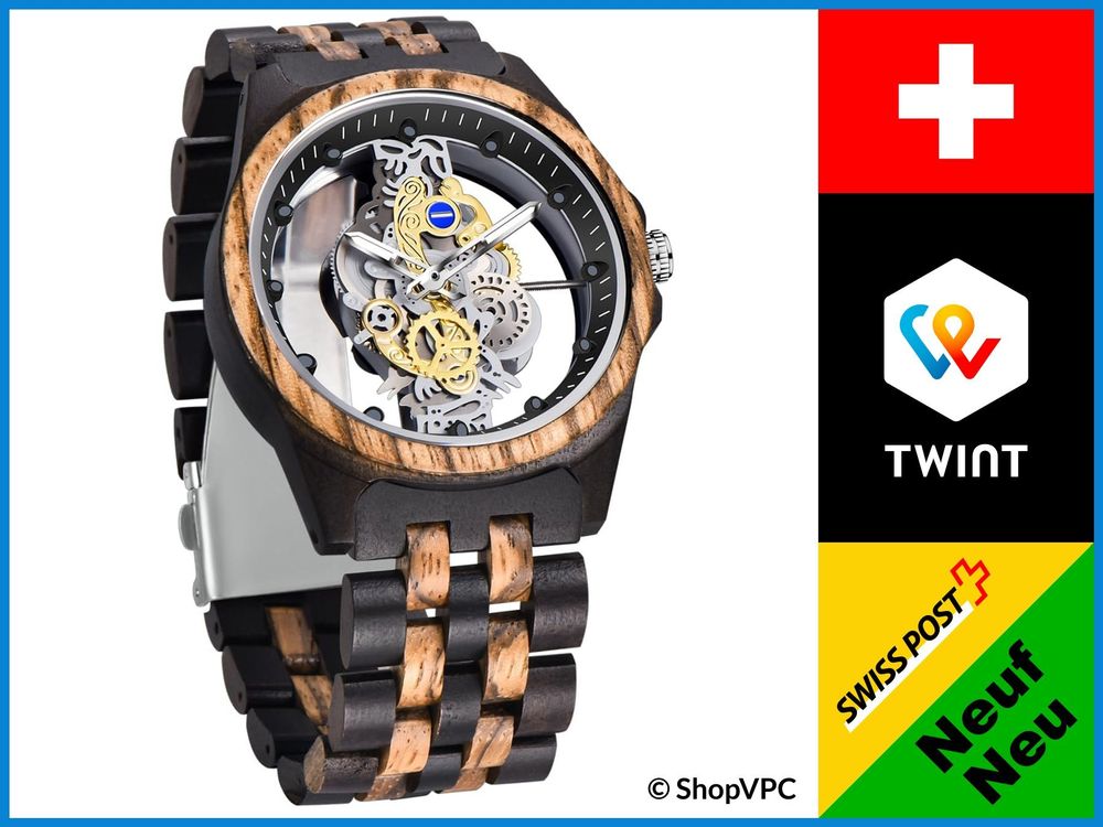 Holzarmbanduhr für Herren mit Retro-Skelettdesign (Neu und originalverpackt) in Develier für CHF ...