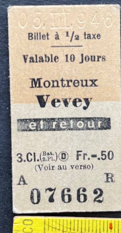 Billett Montreux Vevey et retour 3. Klasse 1946 (Gebraucht) in Wabern für CHF 10.6 – mit ...