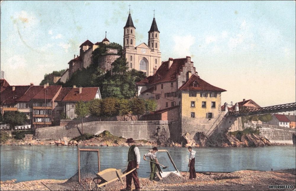 Aarburg AG // 1908 Kirche Arbeiter Aare koloriert | Kaufen auf Ricardo