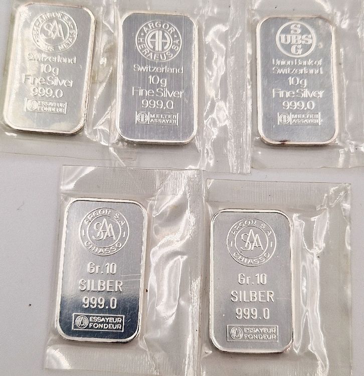 5 Lingots d'argent 10g UBS et Argor Suisse Fine silver (Neu und ...