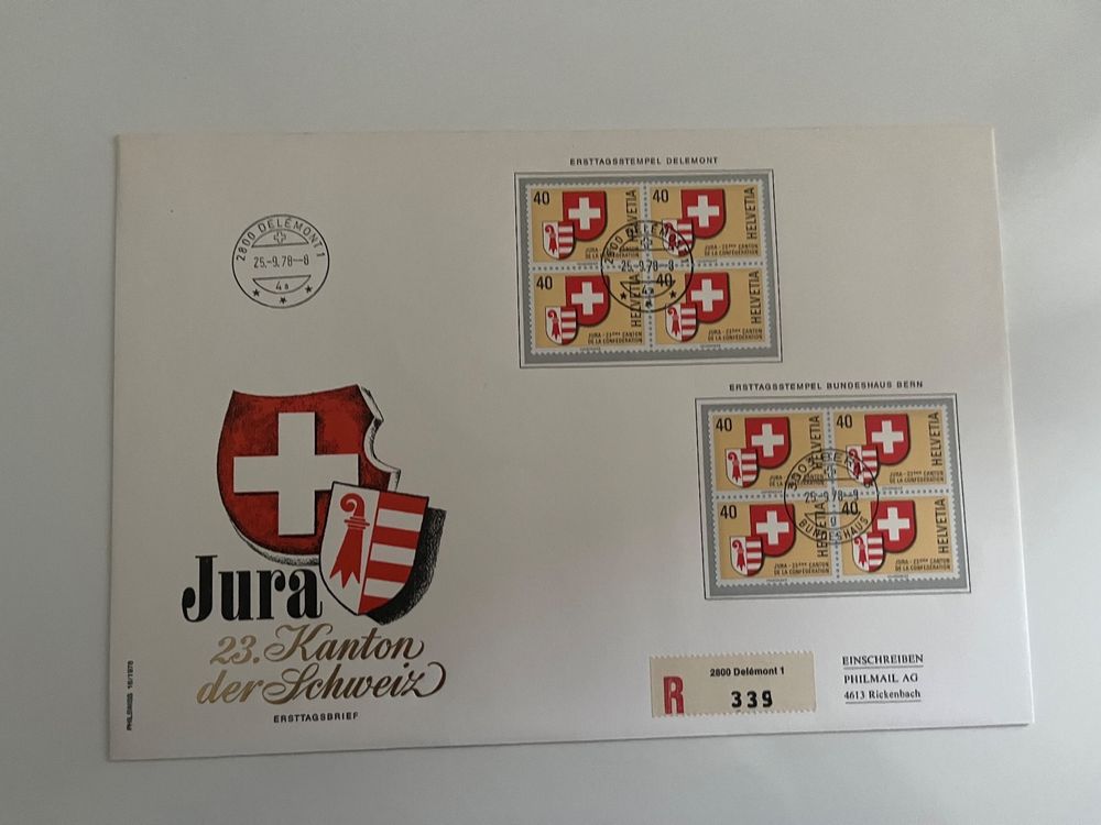 Luxusbrief Jura der 23. Kanton der Schweiz FDC 25.9.78 (Gebraucht) in Murgenthal für CHF 5 – mit ...