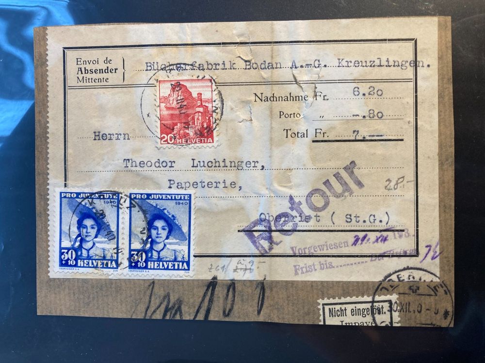 Schweiz 1940 Paketausschnitt 2x30+10 Zugerin Nachnahme Retou (Gebraucht ...