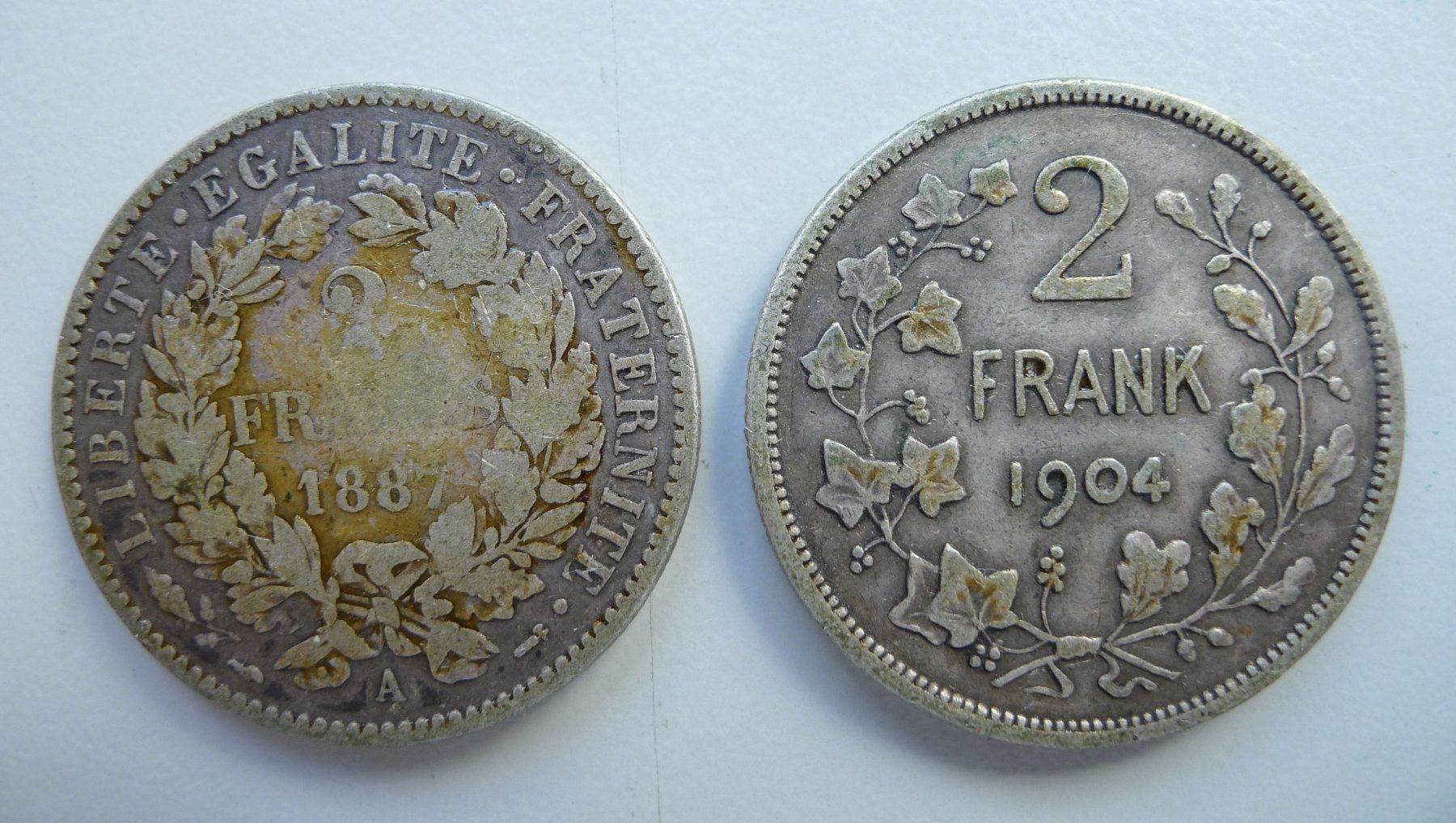 1887+1904, 2x 2 Fr.-Silbermünze aus Begien und Frankreich (Gebraucht ...