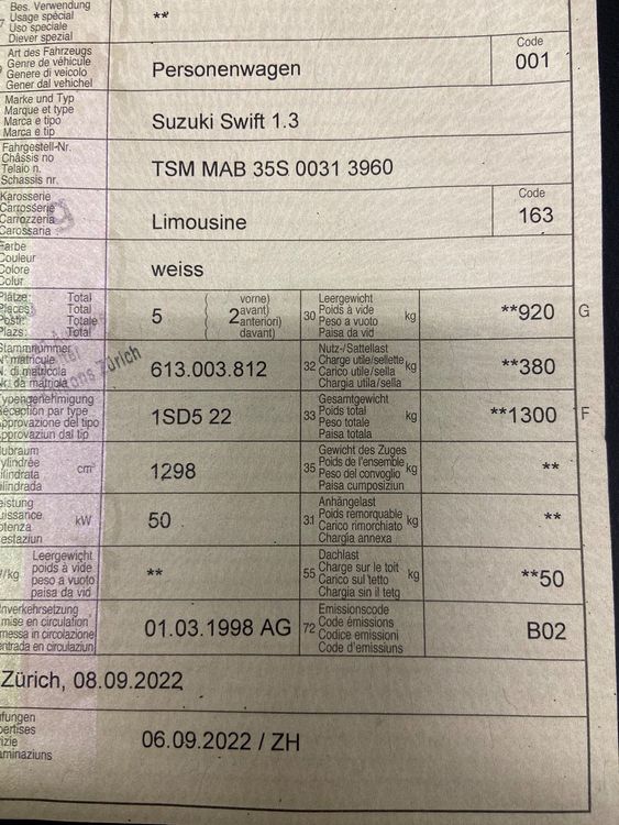 Suzuki Swift 1.3 mit Tech. Mängel (Gebraucht) in Zürich für CHF 100 ...