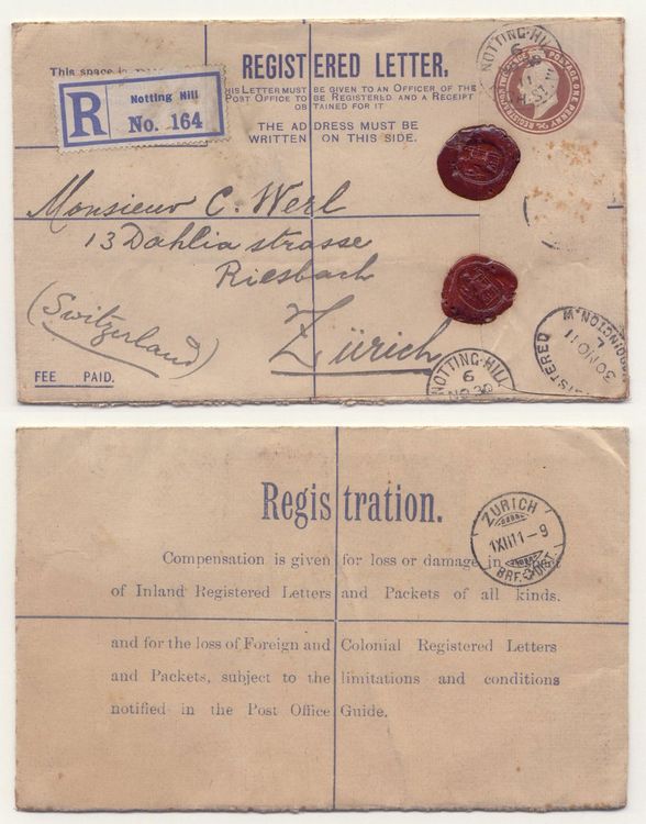 1911 REGISTERED LETTER NOTTING HILL - ZÜRICH | Kaufen auf Ricardo