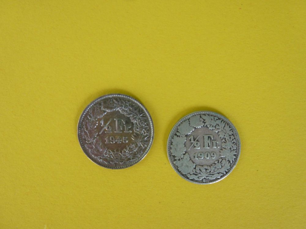 CH-Münzen, 1/2 Franken ,mit Jahrg.1909 + 1945 (Gebraucht) in Luzern für CHF 2.9 – mit Lieferung ...
