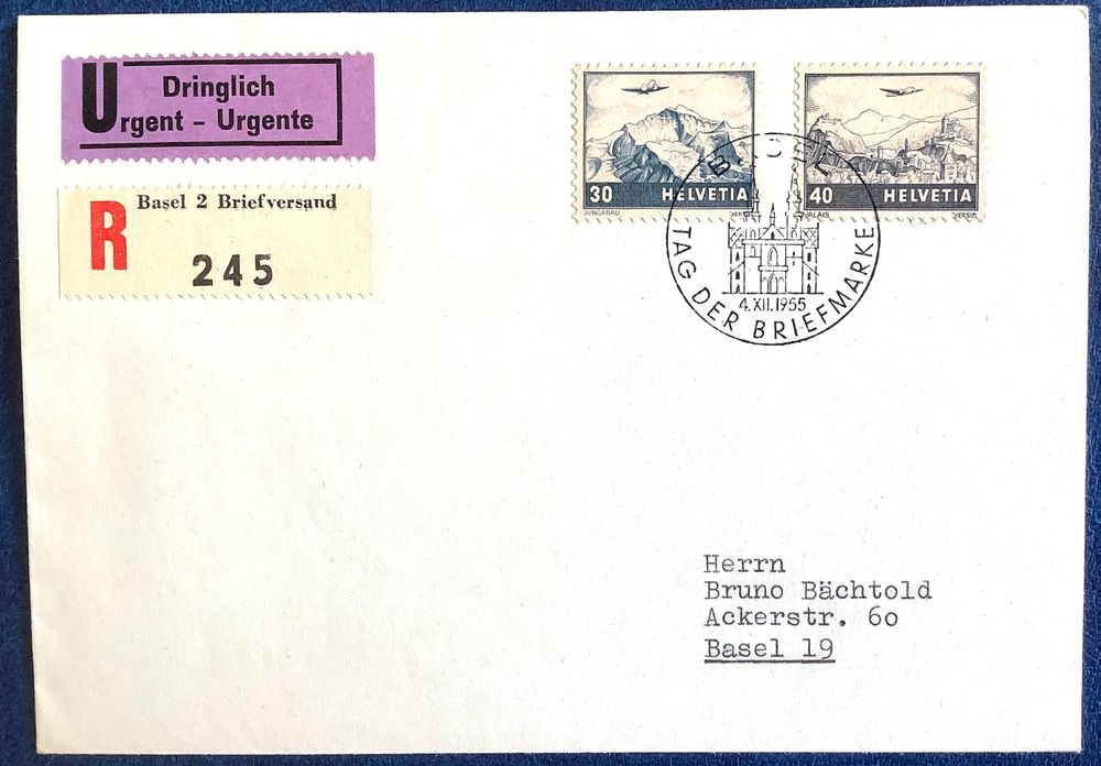 1955 -Schweiz R-Dringlich Brief Tag der Briefmarke F28+F43 (Gebraucht) in Liestal für CHF 7 ...