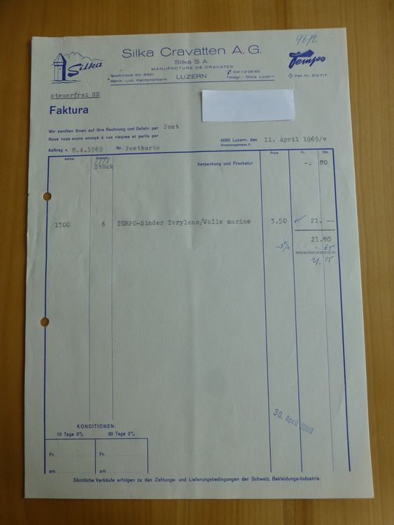 Luzern Briefkopf, Silka Cravatten AG 1969 (Gebraucht) in Bettlach für ...