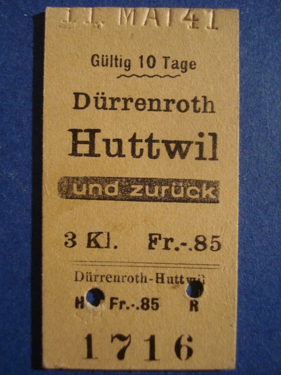 SBB - EBT - 11.5.1941 - DÜRRENROTH - HUTTWIL - 3.Klasse (Gebraucht) in Biel/Bienne für CHF 22 ...
