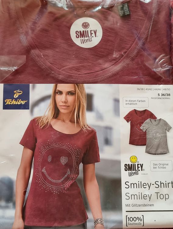 Tchibo Smiley Glitzer Top, bordeaux, neu, Gr. S 36/38 (Neu und ...