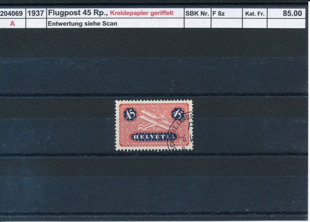 1937 Flugpost 45 Rp., Kreidepapier geriffelt, gestempelt (Gebraucht) in Winterthur für CHF 12.5 ...