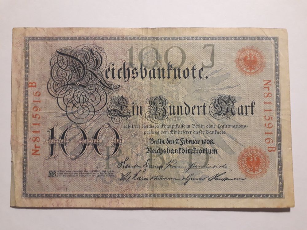 DEUTSCHLAND - 100 Mark 1908 gebr. (8115916B) | Kaufen auf Ricardo