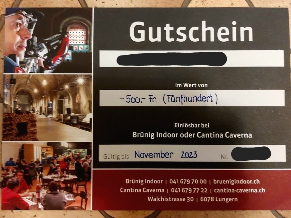 Gutschein Brünig Indoor / Cantina Caverna 500.- (Neu und ...